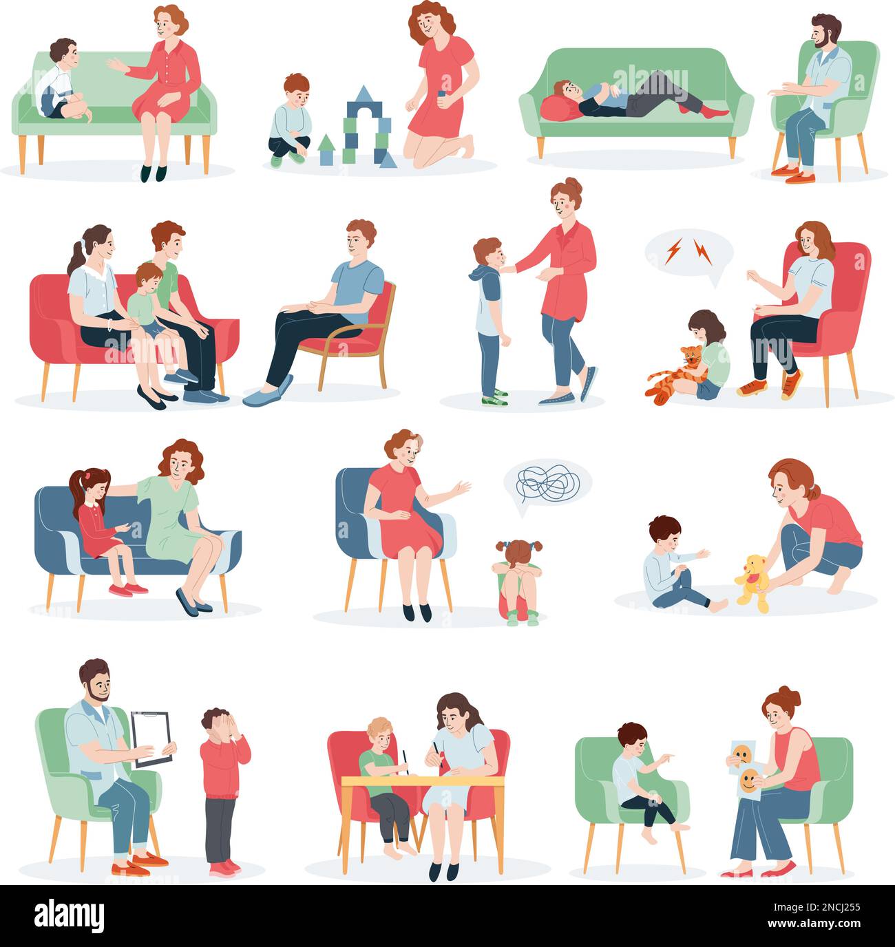 Child psychologist flat icons set with kids psychological counselling ...