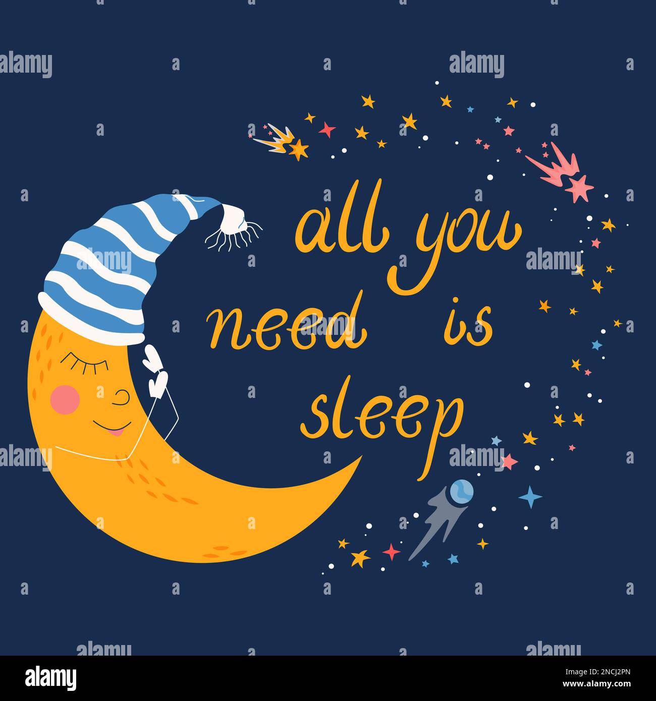 Good night flat postcard with cartoon moon in sleeping hat vector ...
