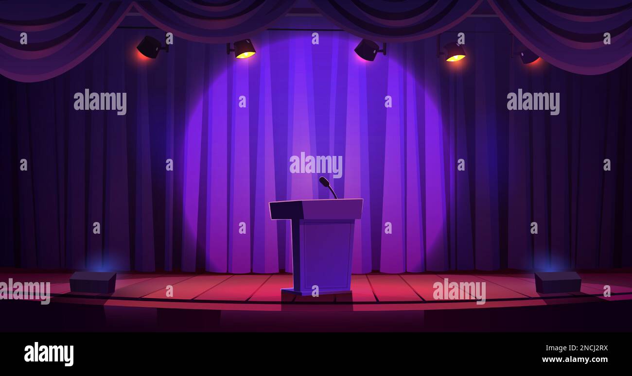 Rostrum with microphone for public speech on stage with curtains ...