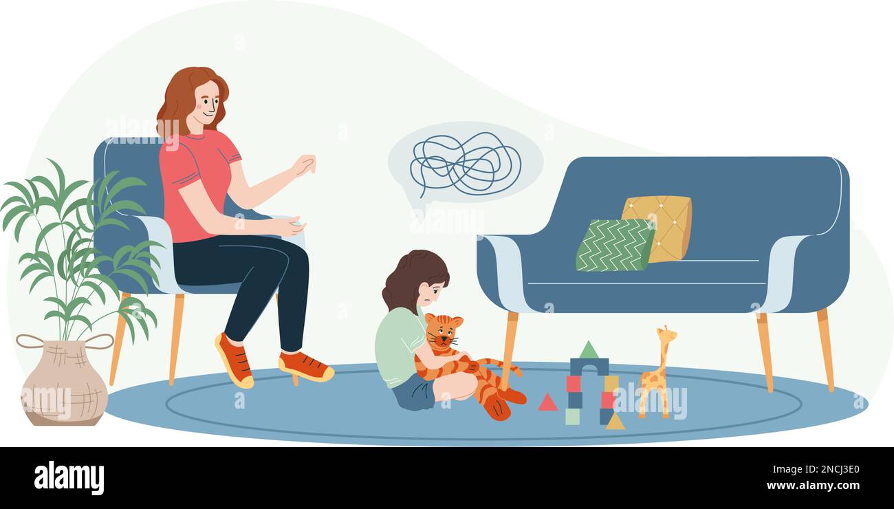 Child psychologist flat concept with girl playing and female specialist ...