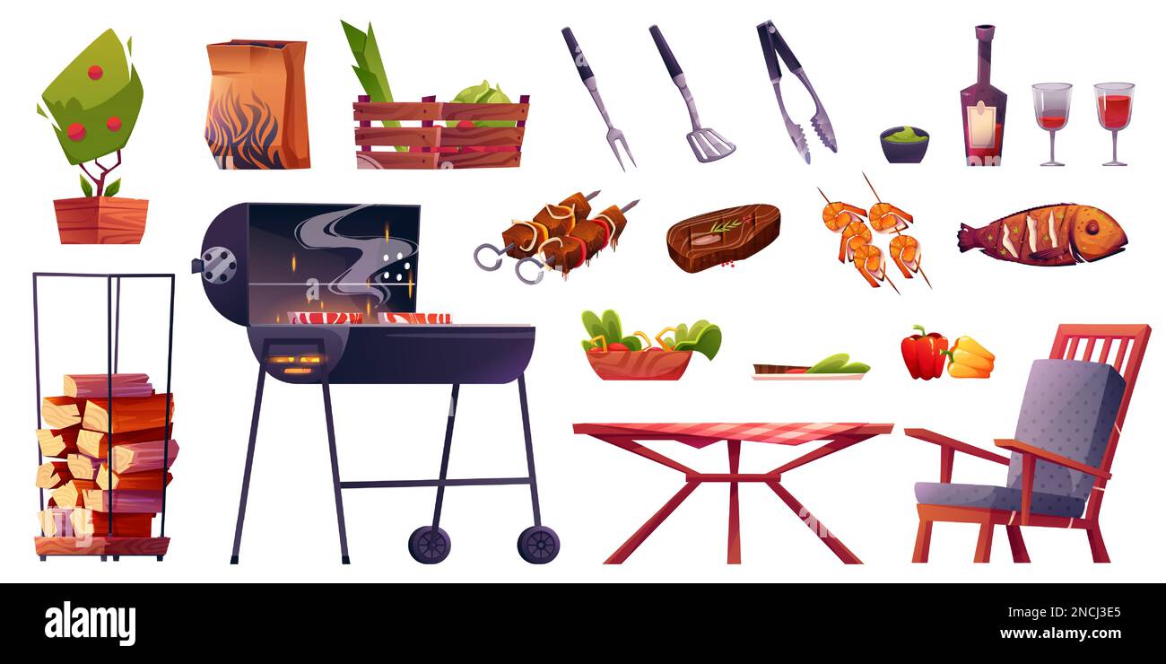 Cartoon set of food and furniture for bbq picnic design isolated on ...