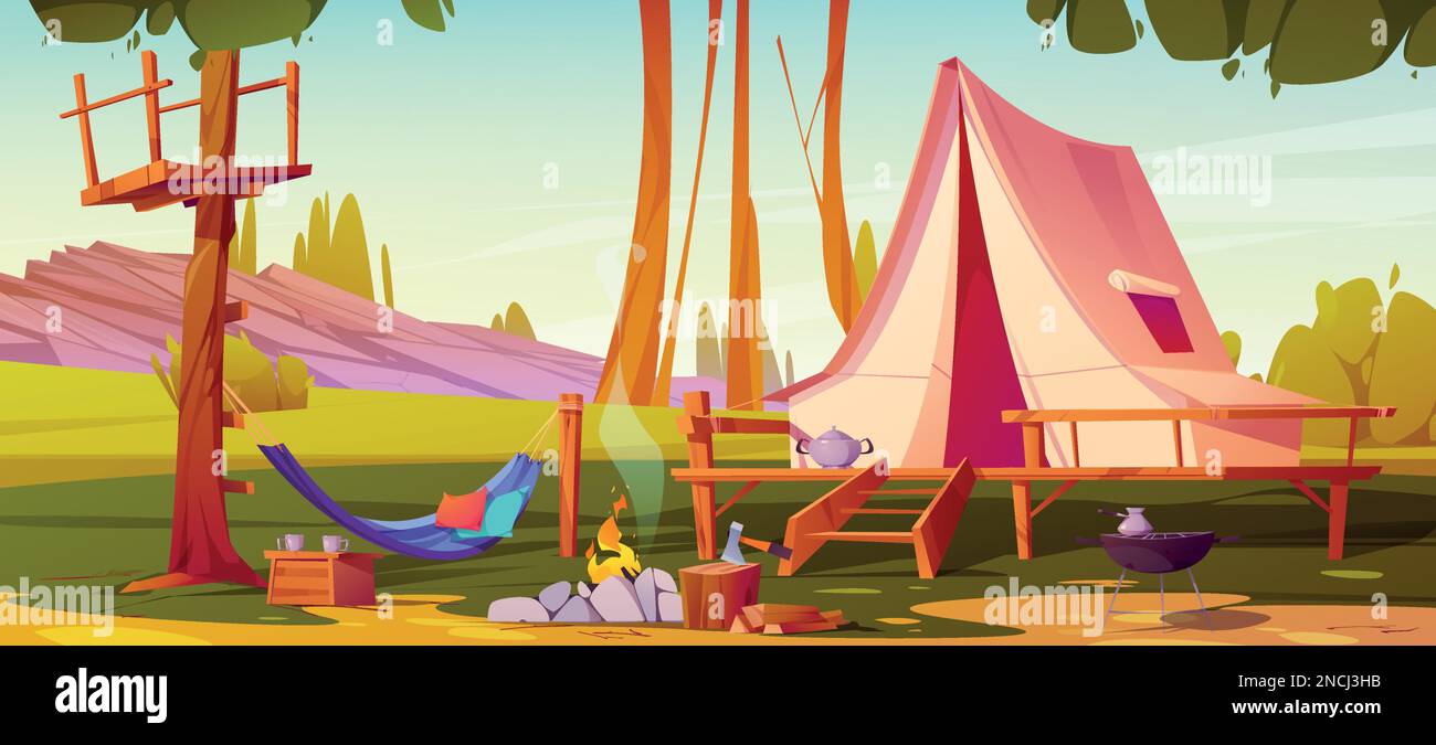 Cartoon camp with tent, bonfire and hammock. Vector illustration of ...