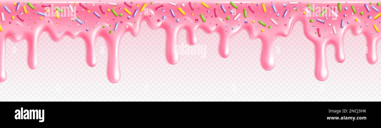 Pink donut icing glaze. Realistic isolated candy melt drip border in ...
