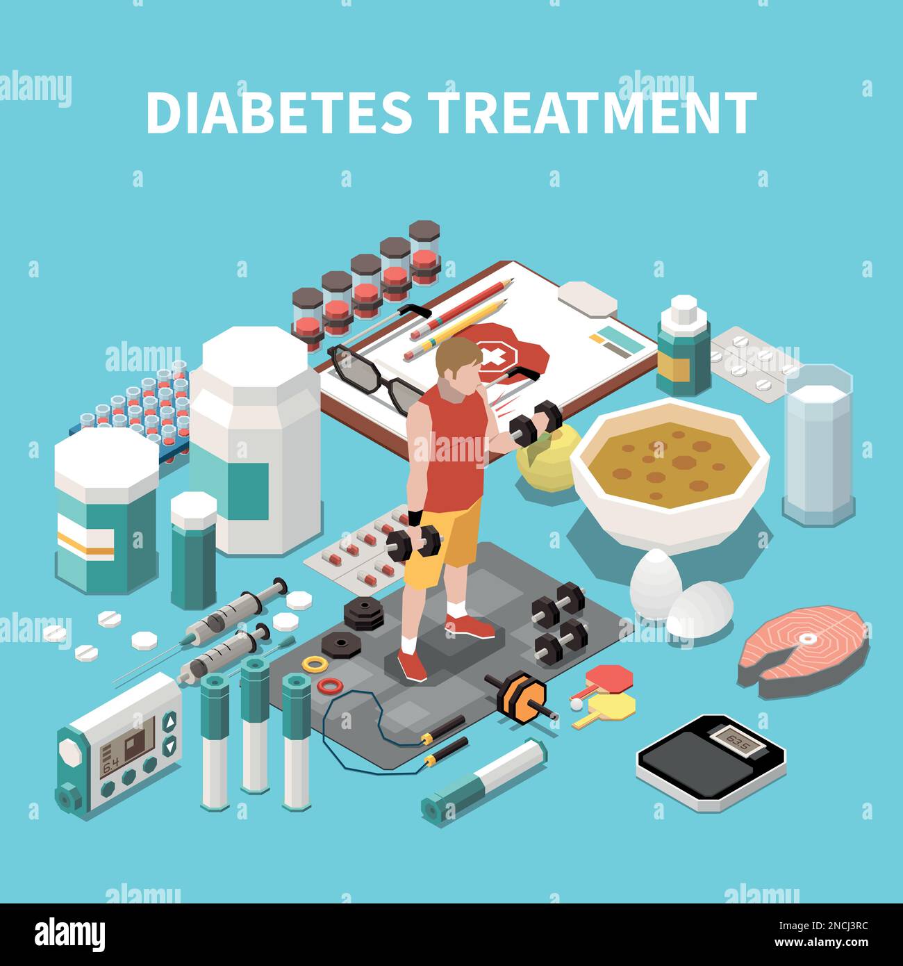 Diabetes isometric concept with different pills and medical treatment ...