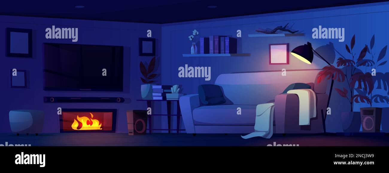 House room night interior with furniture. Modern dark living room with ...