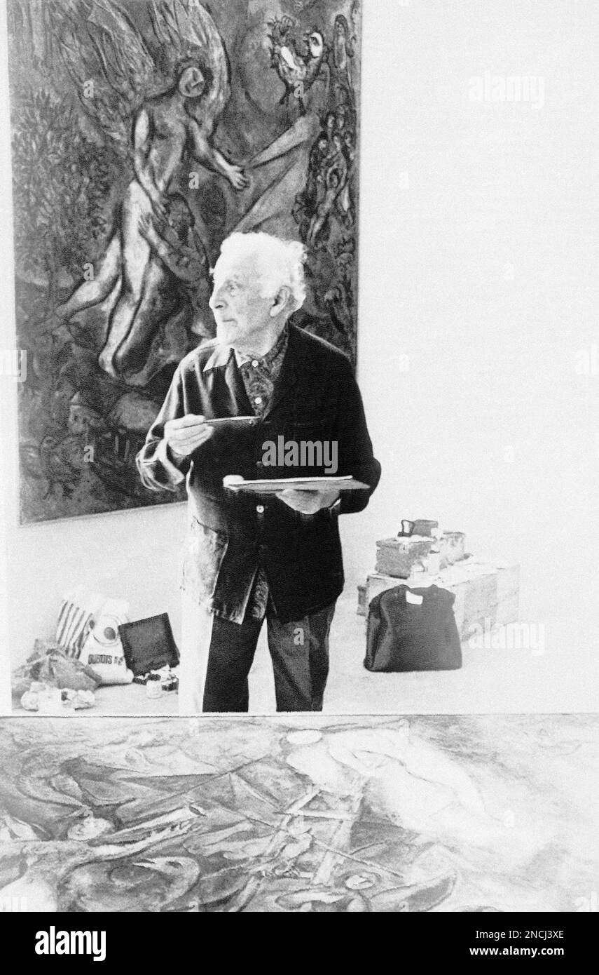 Painter Marc Chagall retouches canvas entitled “Dream of Jacob” prior ...
