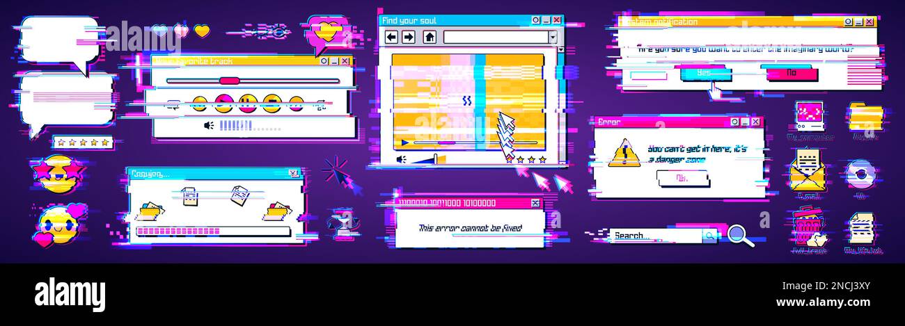 Retro computer digital interface with glitch effect. Desktop PC screen ...