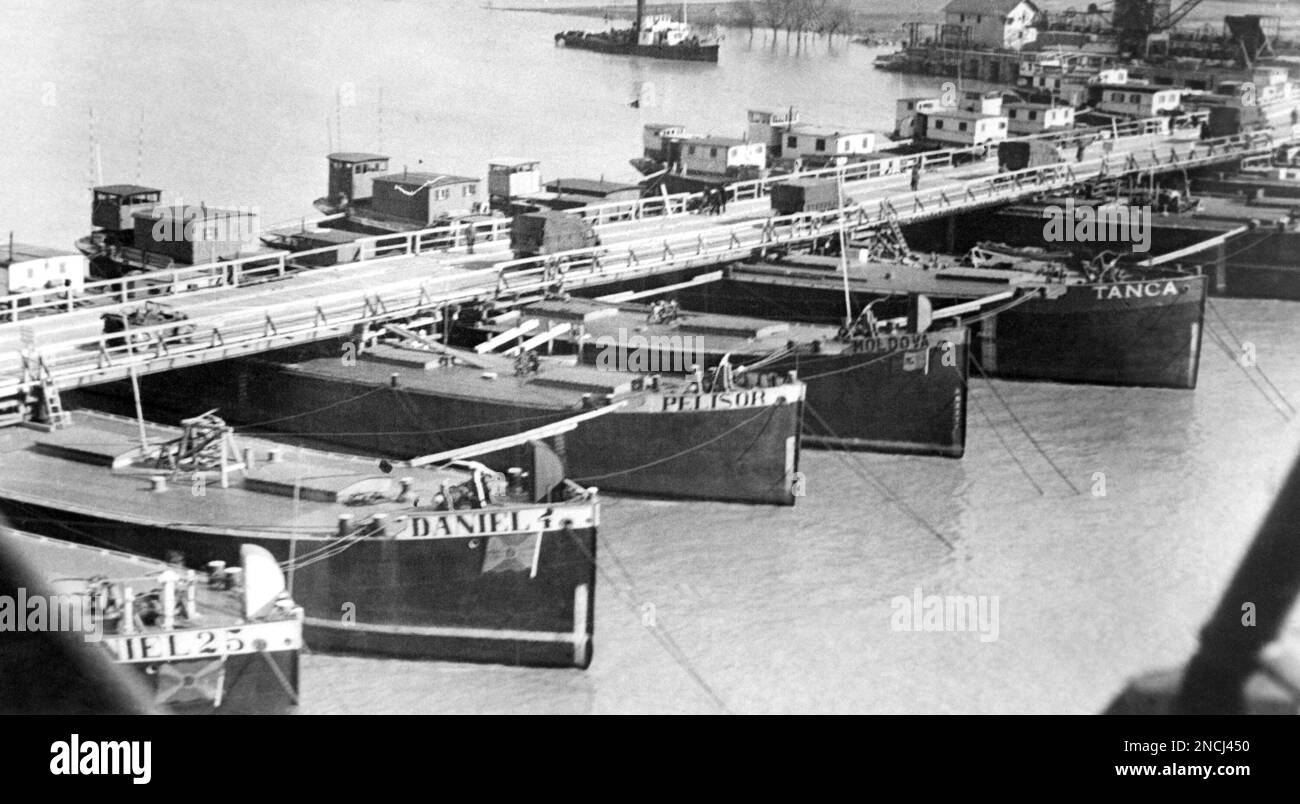 An airview of the big bridge built across the Danube built by German ...