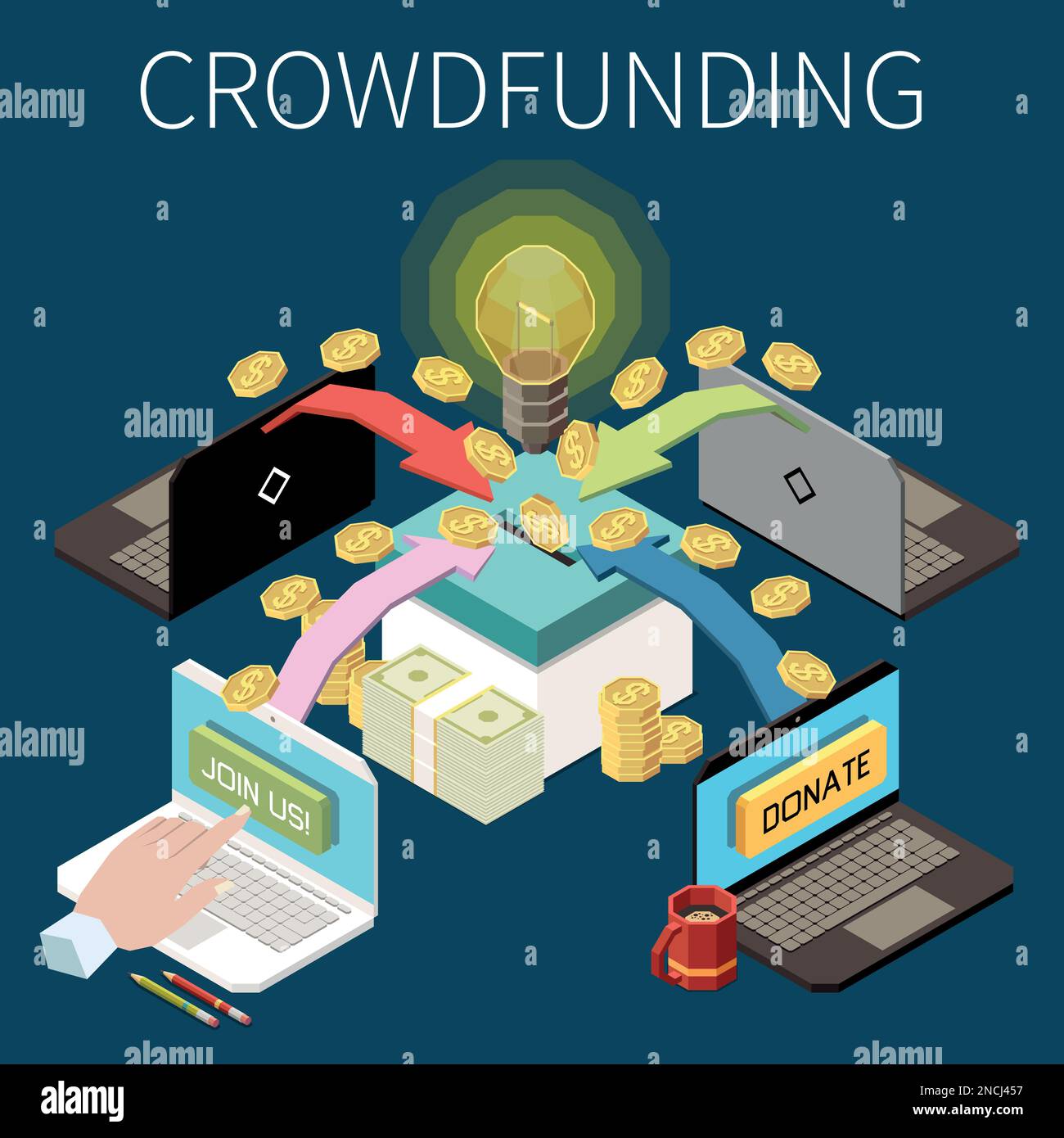 Crowdfunding isometric concept with money donation and fundraising ...