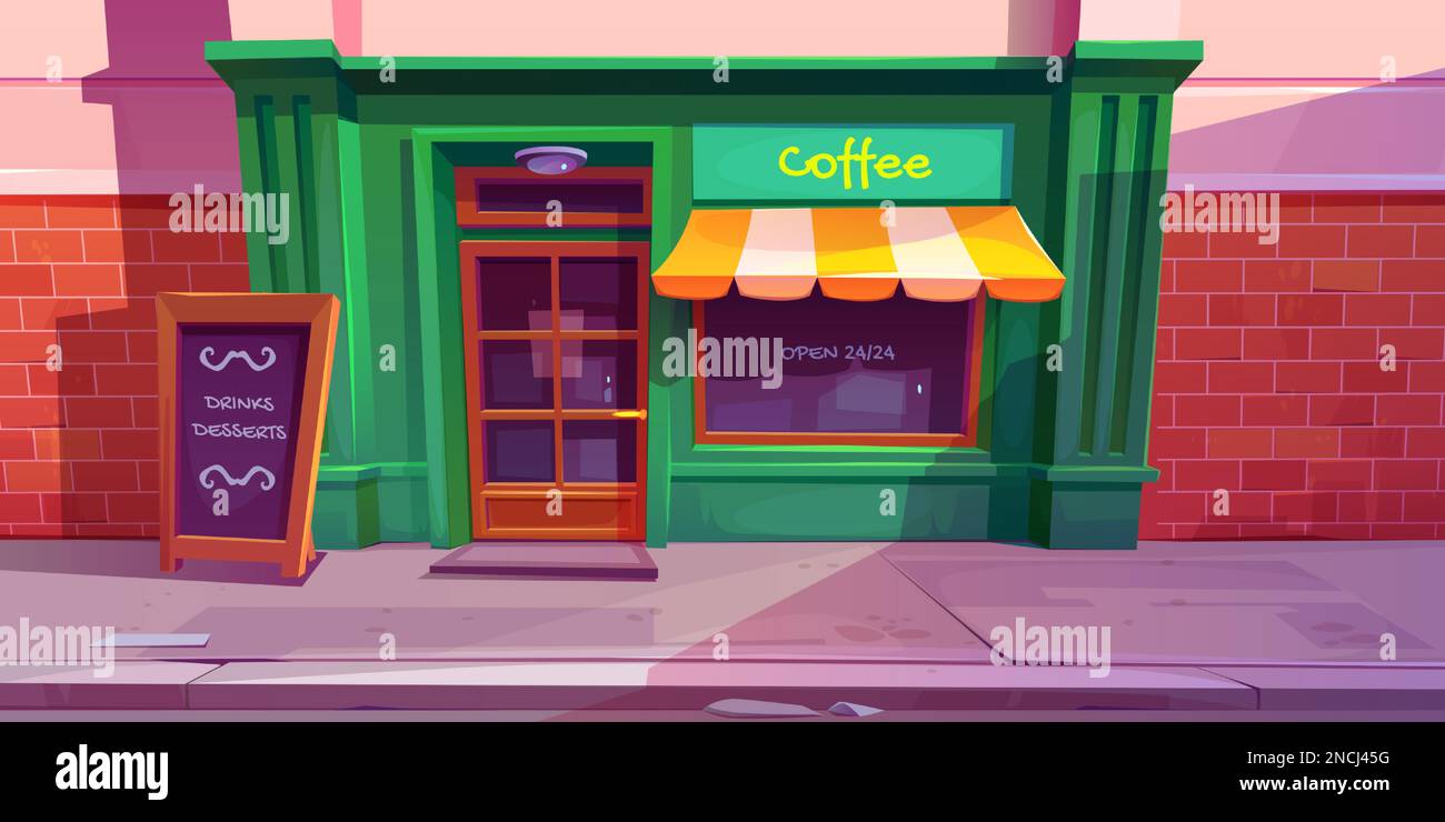 Vintage coffee shop. Cafe storefront building exterior design. Small ...