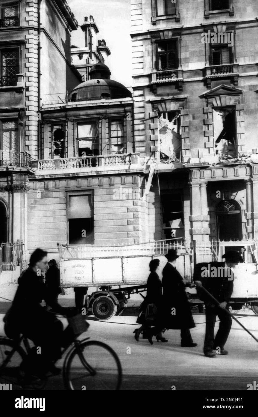 Bomb damage done in a raid on London to 145, Piccadilly, the famous ...