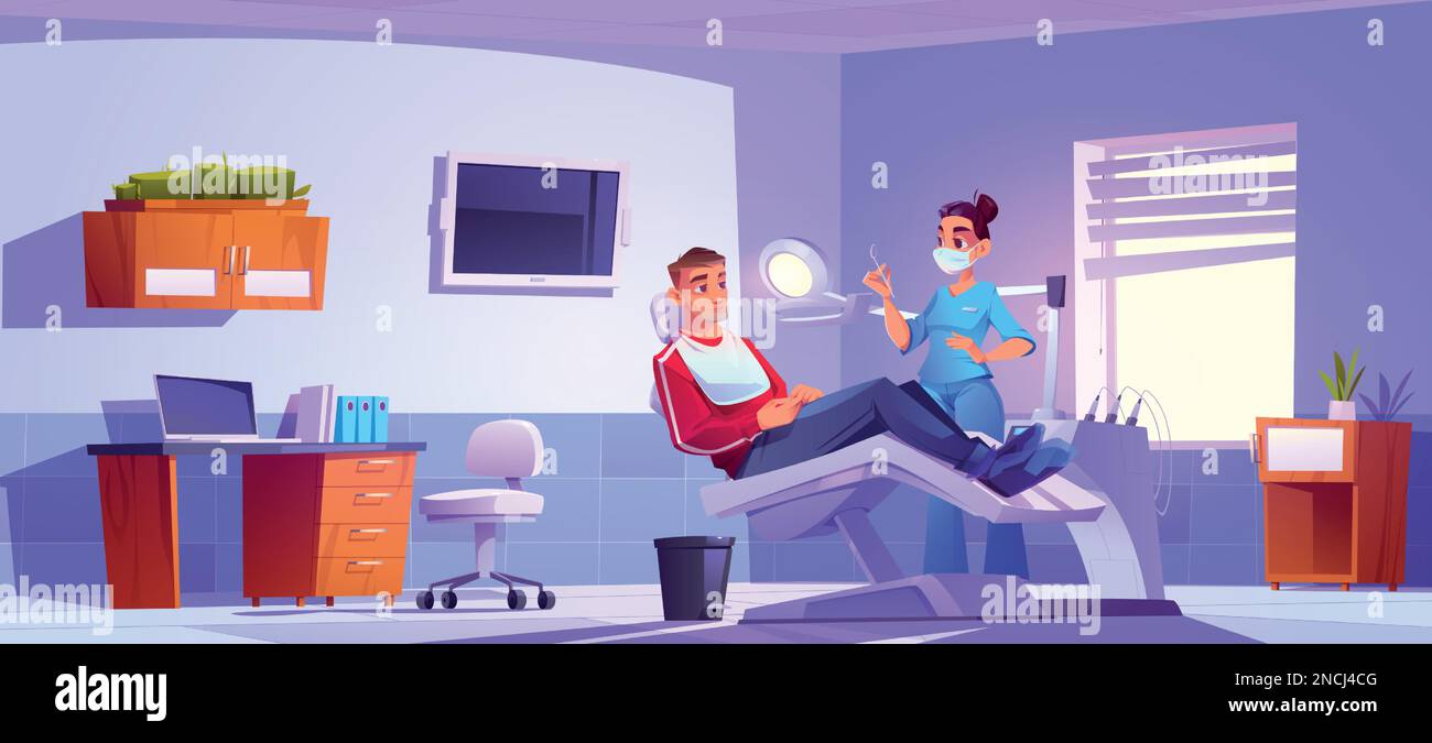 Dental clinic room in hospital. Female dentist with man patient take ...