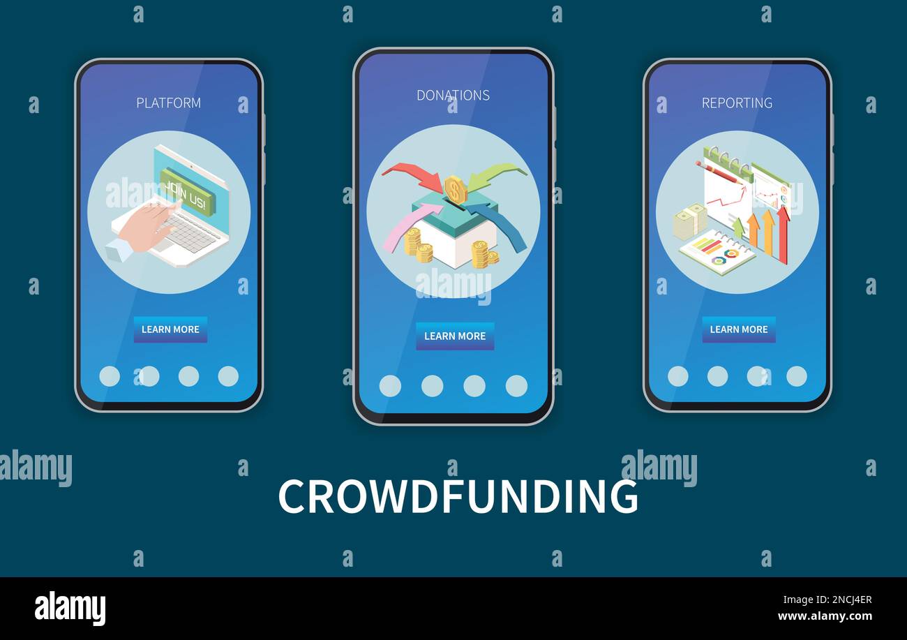Crowdfunding isometric set with fundraising mobile app templates ...