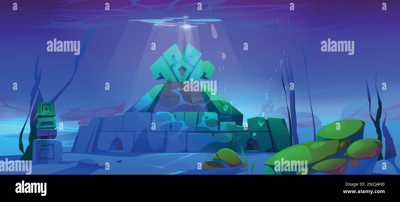 Atlantis ruins underwater in sea or ocean. Ancient city buildings deep ...