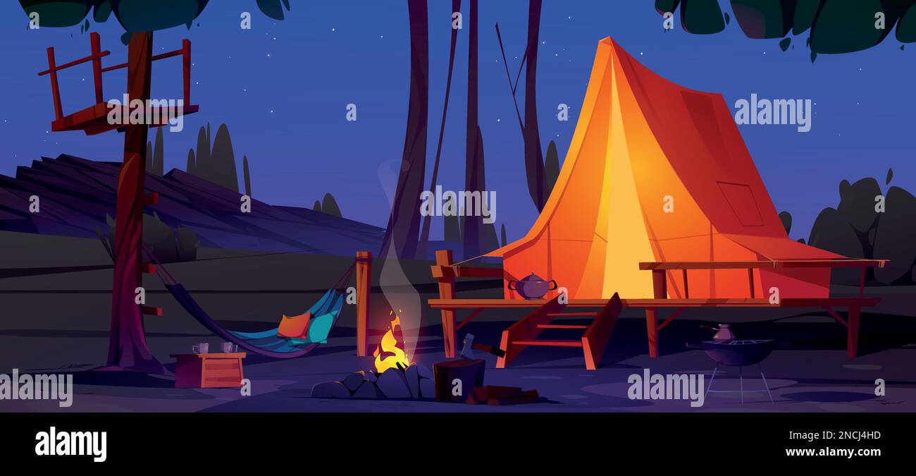 Summer forest with tent at night. Camp in mountains, glamping with ...