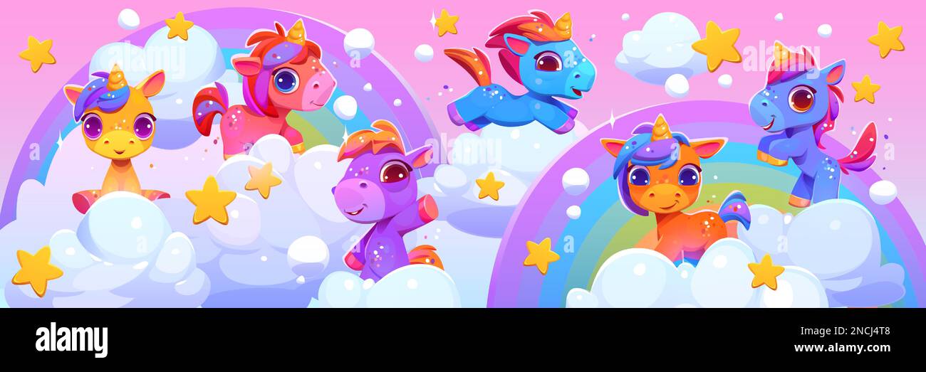 Cute unicorns in sky with rainbows, clouds and stars. Magic animals ...