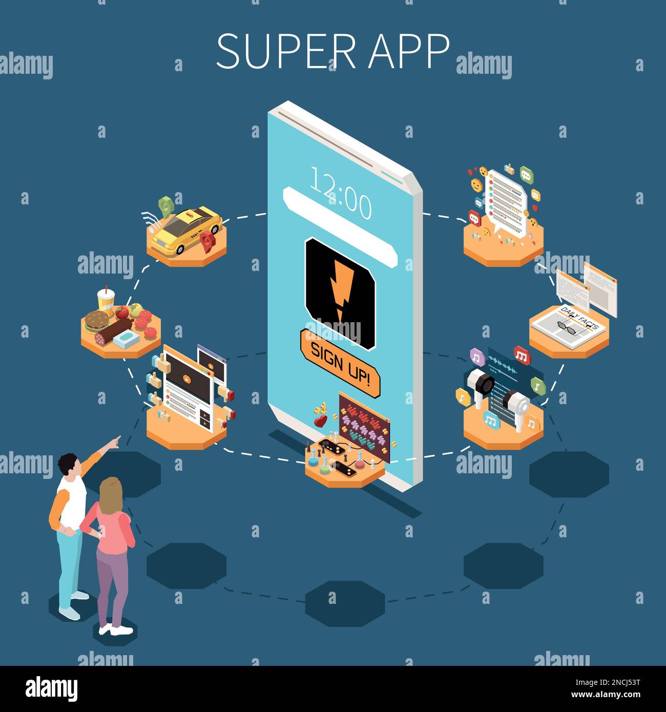 Superapp isometric composition with mobile phone surrounded by ...