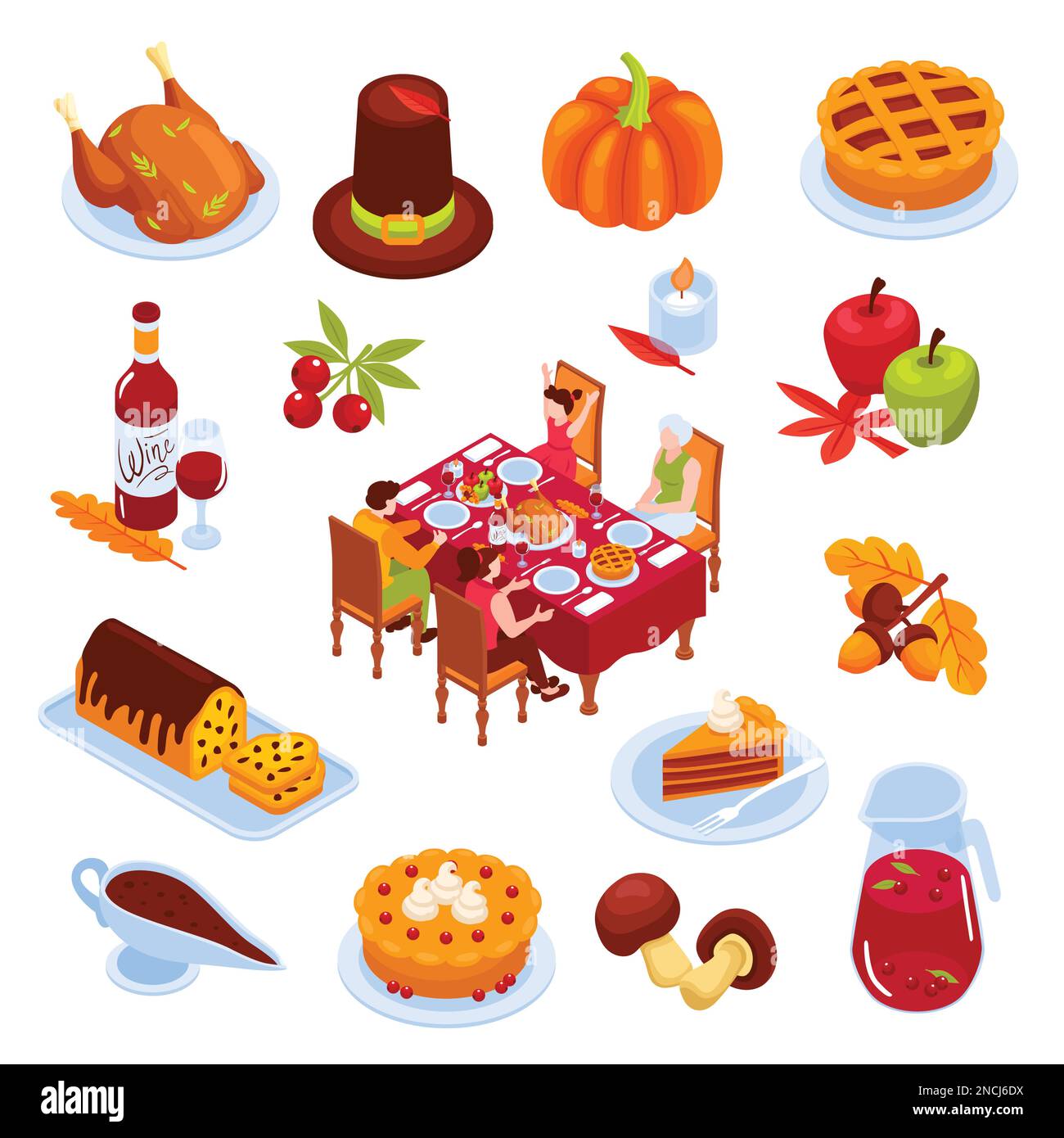 Thanksgiving day isometric set of traditional holiday elements and ...