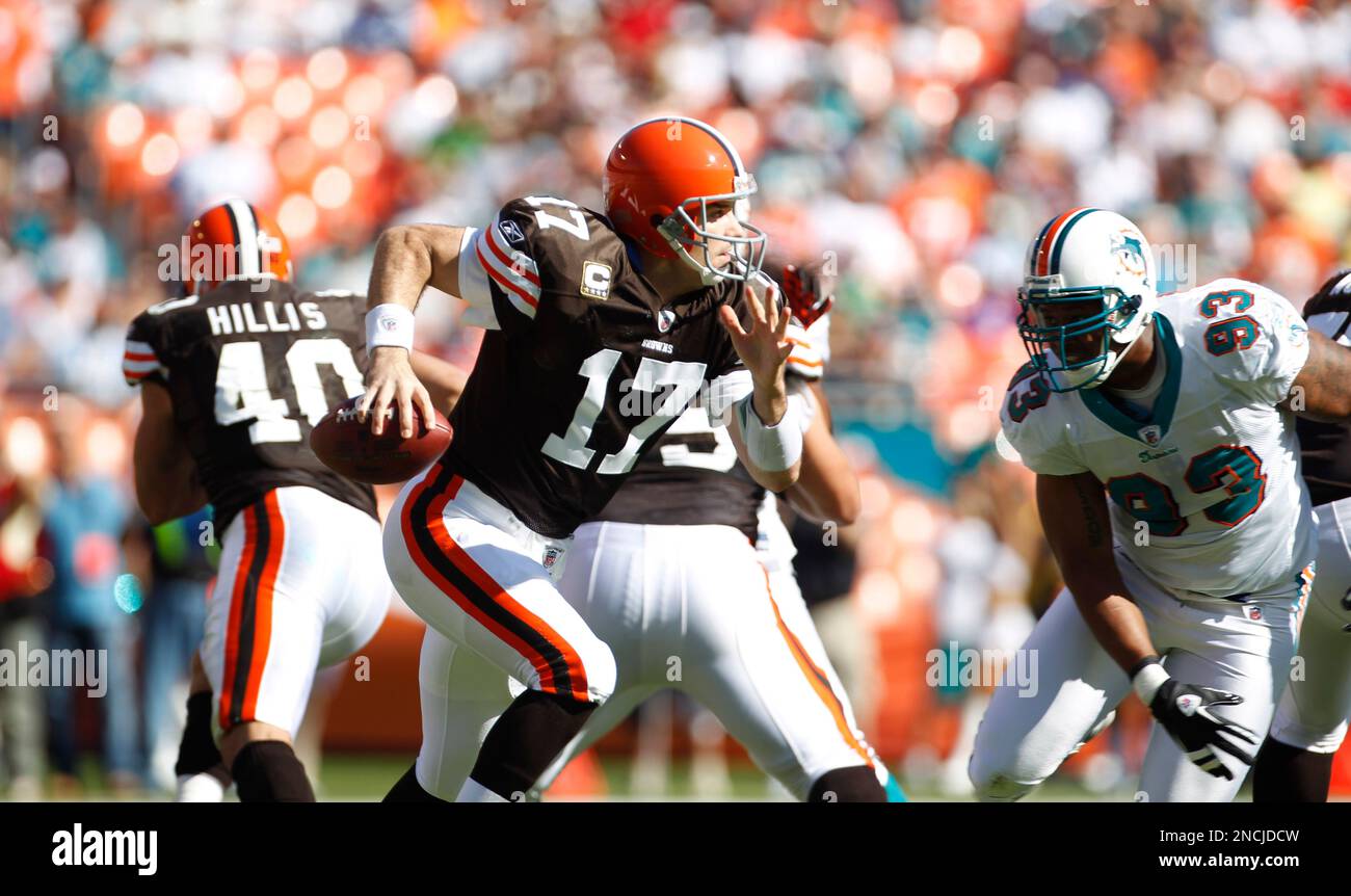 Cleveland Brown quarterback Jake Delhomme (17) scrambles as Miami ...