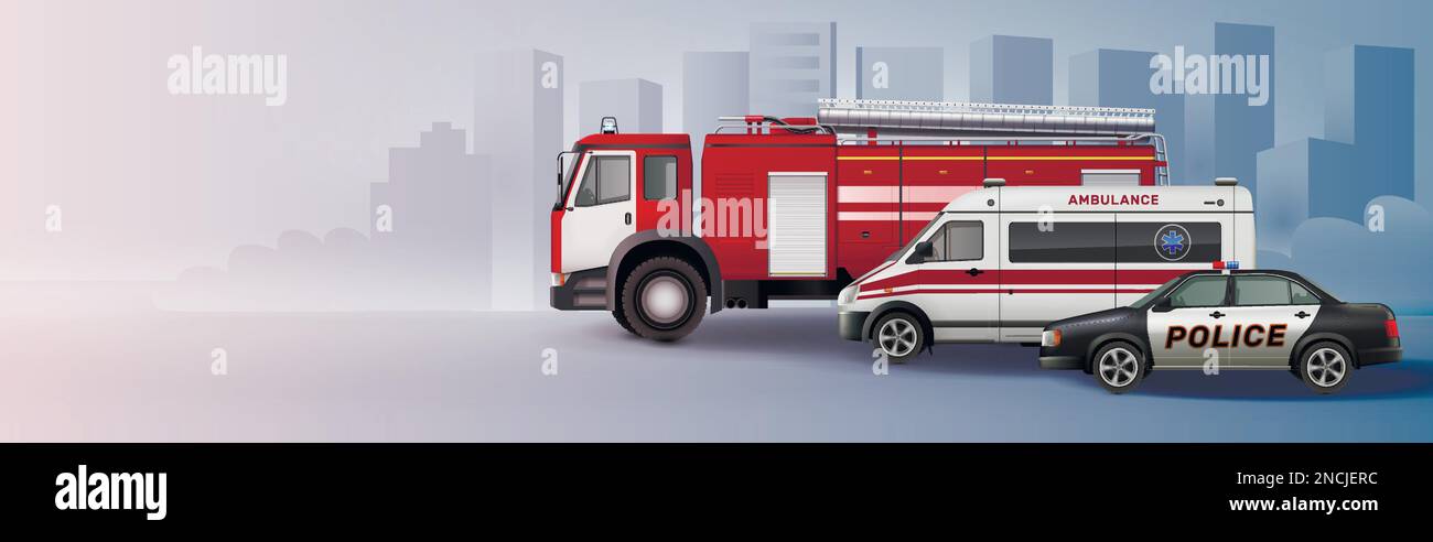 Municipal vehicles background with ambulance and police car realistic ...