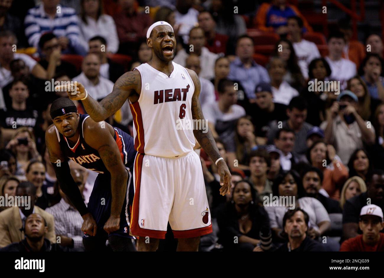 Miami Heat forward LeBron James (6) yells to his teammates as Atlanta ...