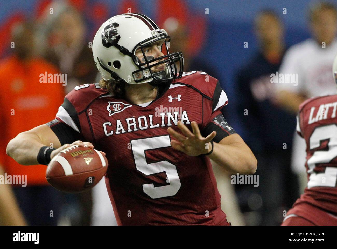 South Carolina quarterback Stephen Garcia (5) looks for a receiver in ...