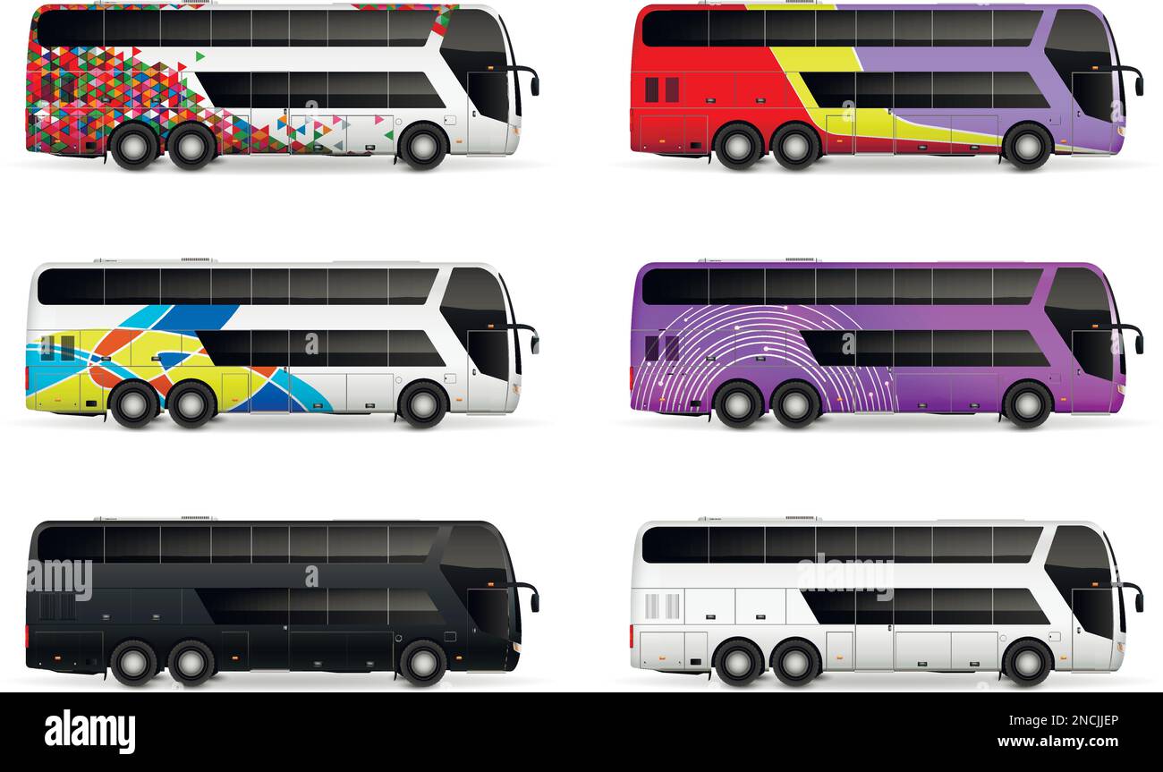 Bus realistic mockup set with tourist transportation symbols isolated ...