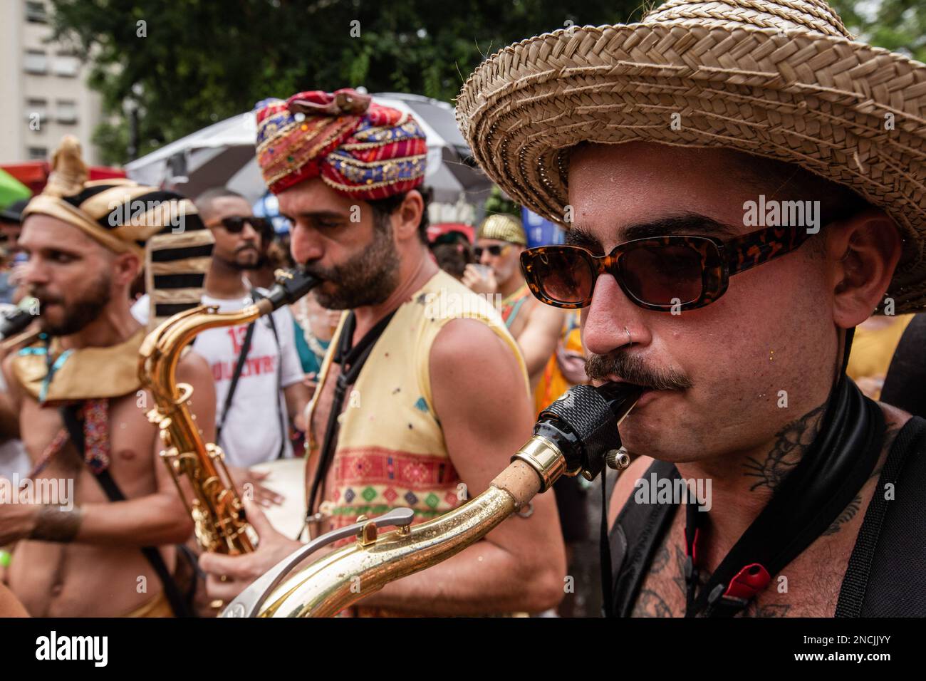 Rio de Janeiro, Brazil. 12th Feb, 2023. Band members playing their ...