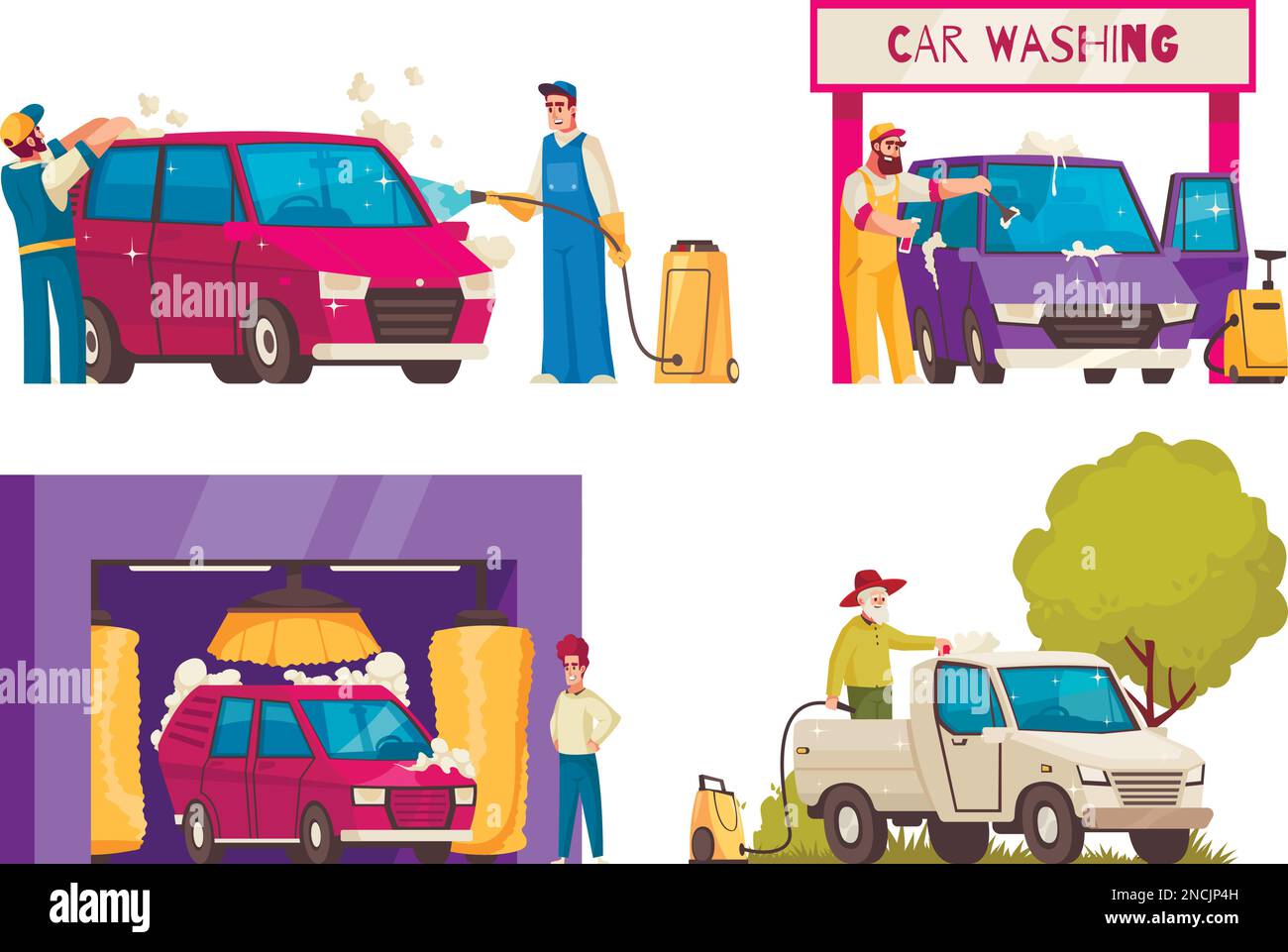 Car wash cartoon icons set with workers spraying and cleaning vehicles ...