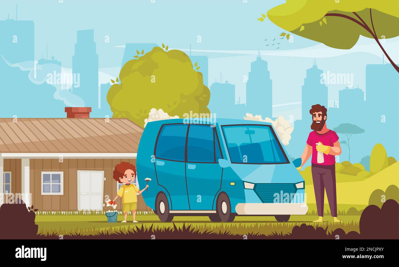 Car wash cartoon concept with father and son cleaning van outdoors ...