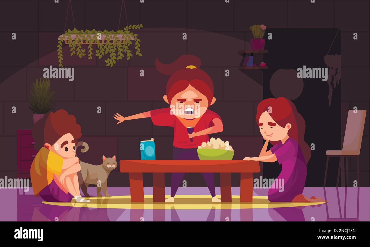 Children playing games poster with kids telling horror stories cartoon ...