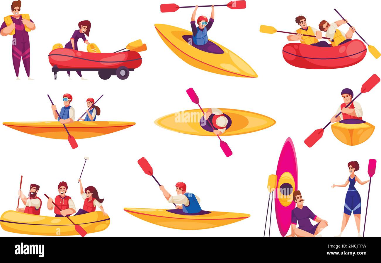 River rafting cartoon icons set with people doing extreme water sports ...