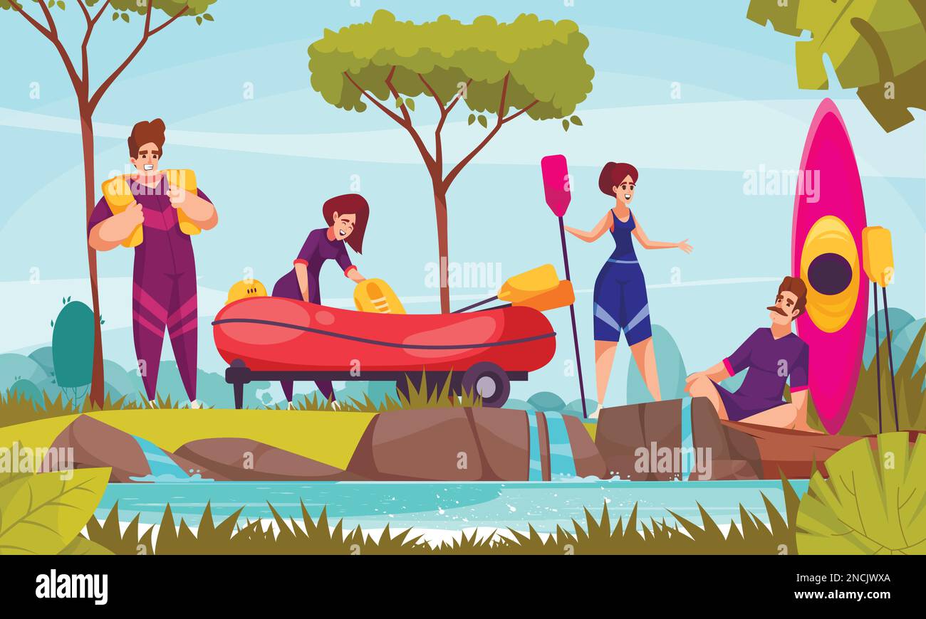 River rafting concept with people in swimsuits holding canoe and rubber ...