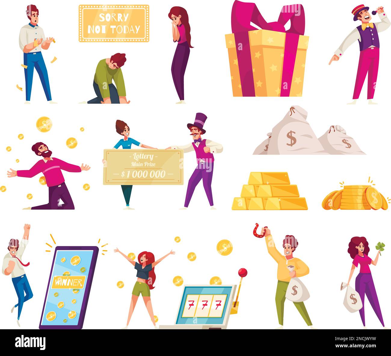 Lottery winner cartoon icons set with people winning money prize ...