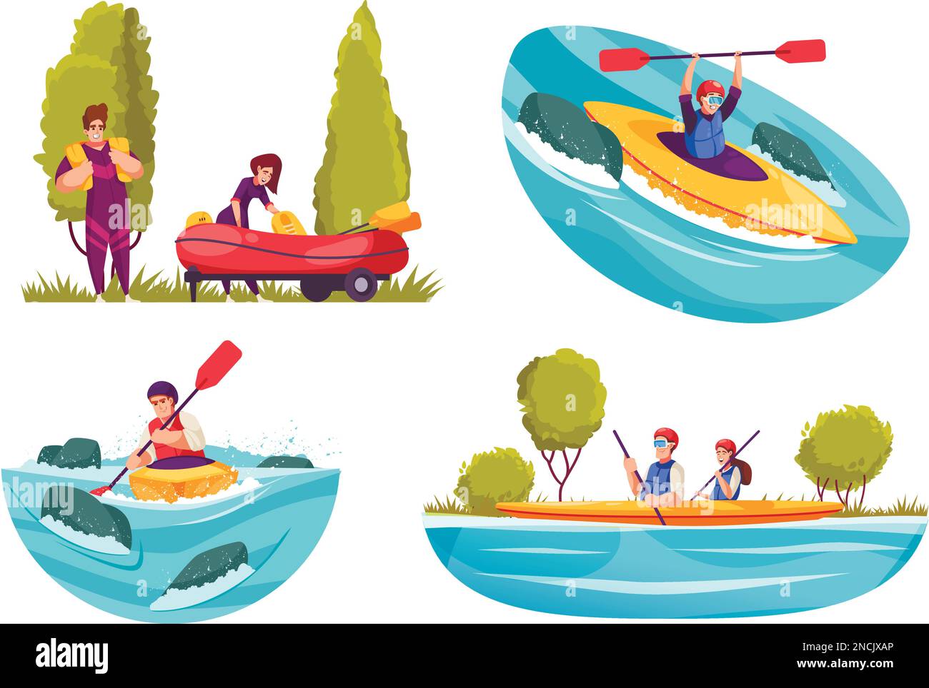 River rafting icons set with people during summer water activities ...