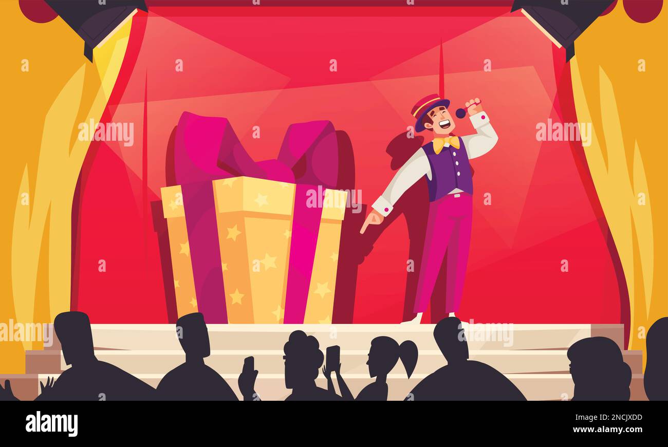 Lottery cartoon concept with man announcing money prize winner vector ...