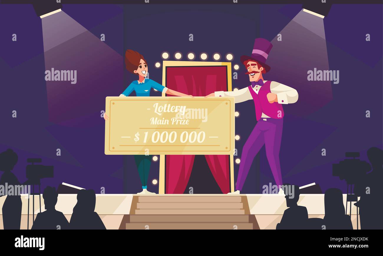 Lottery cartoon concept with happy woman holding winner cheque vector ...
