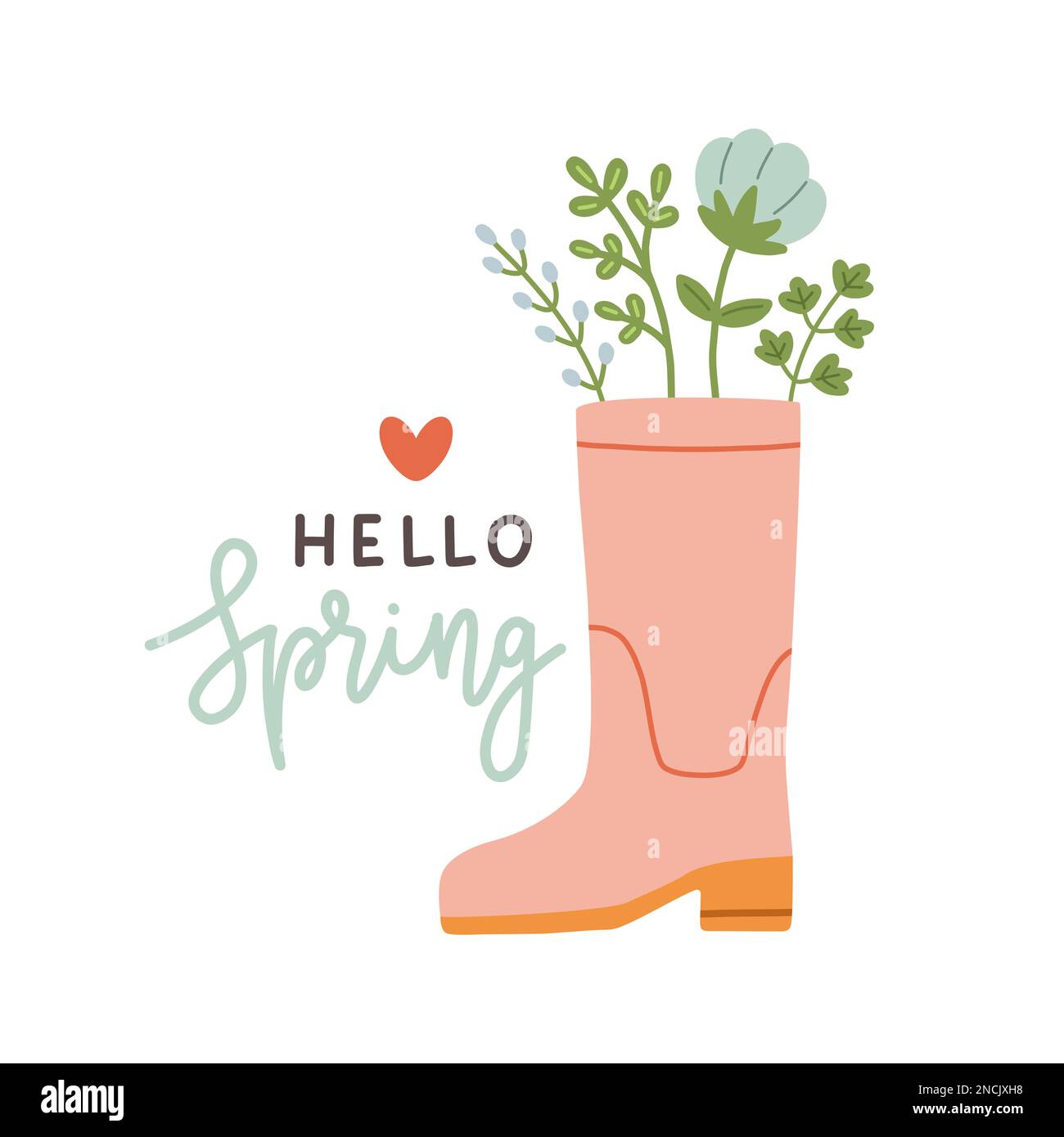 Hello spring. Cute rain boots with flowers plants. Hand drawn spring ...