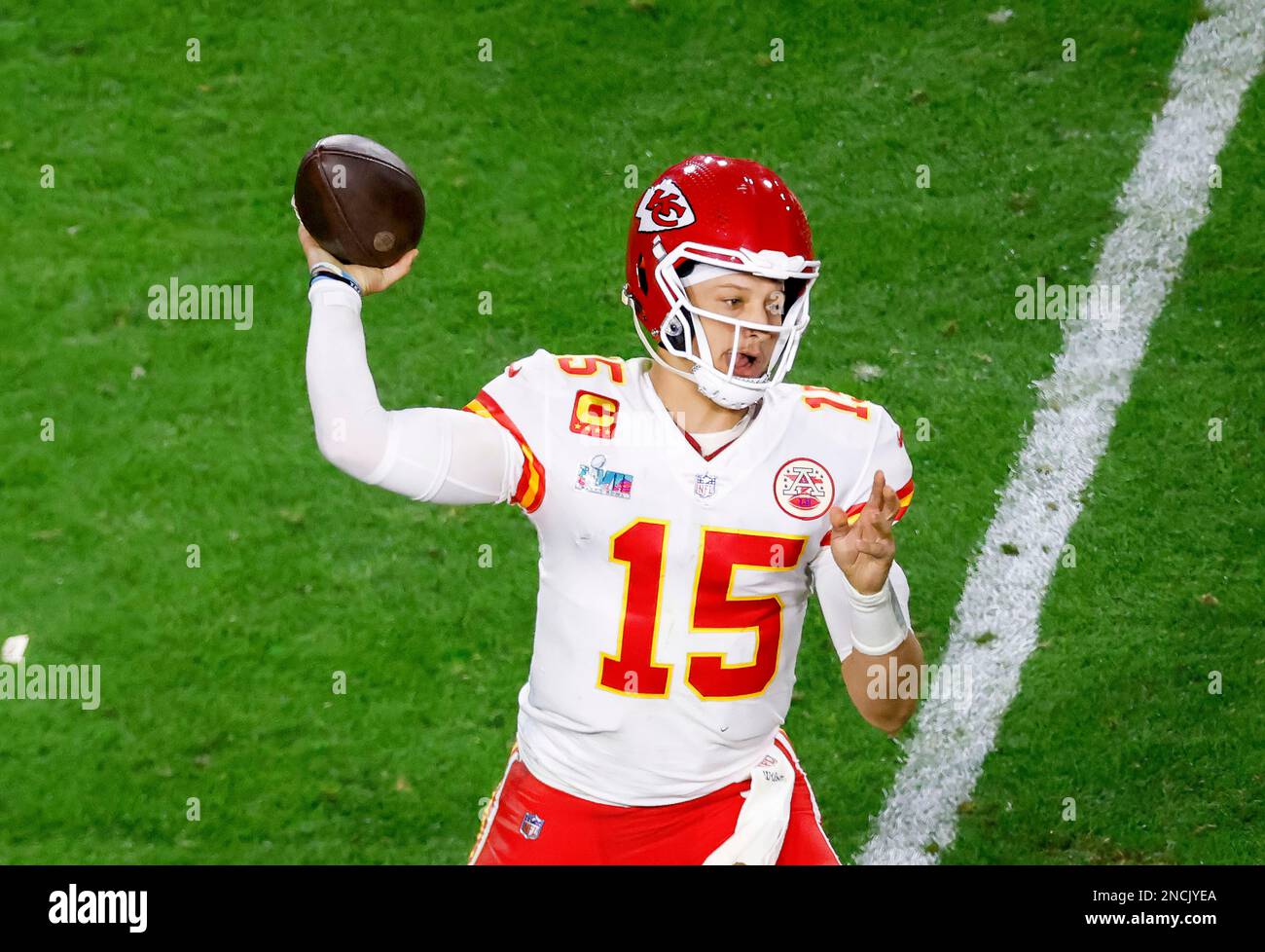 Kansas City Chiefs quarterback Patrick Mahomes (15 ) cheers on his ...