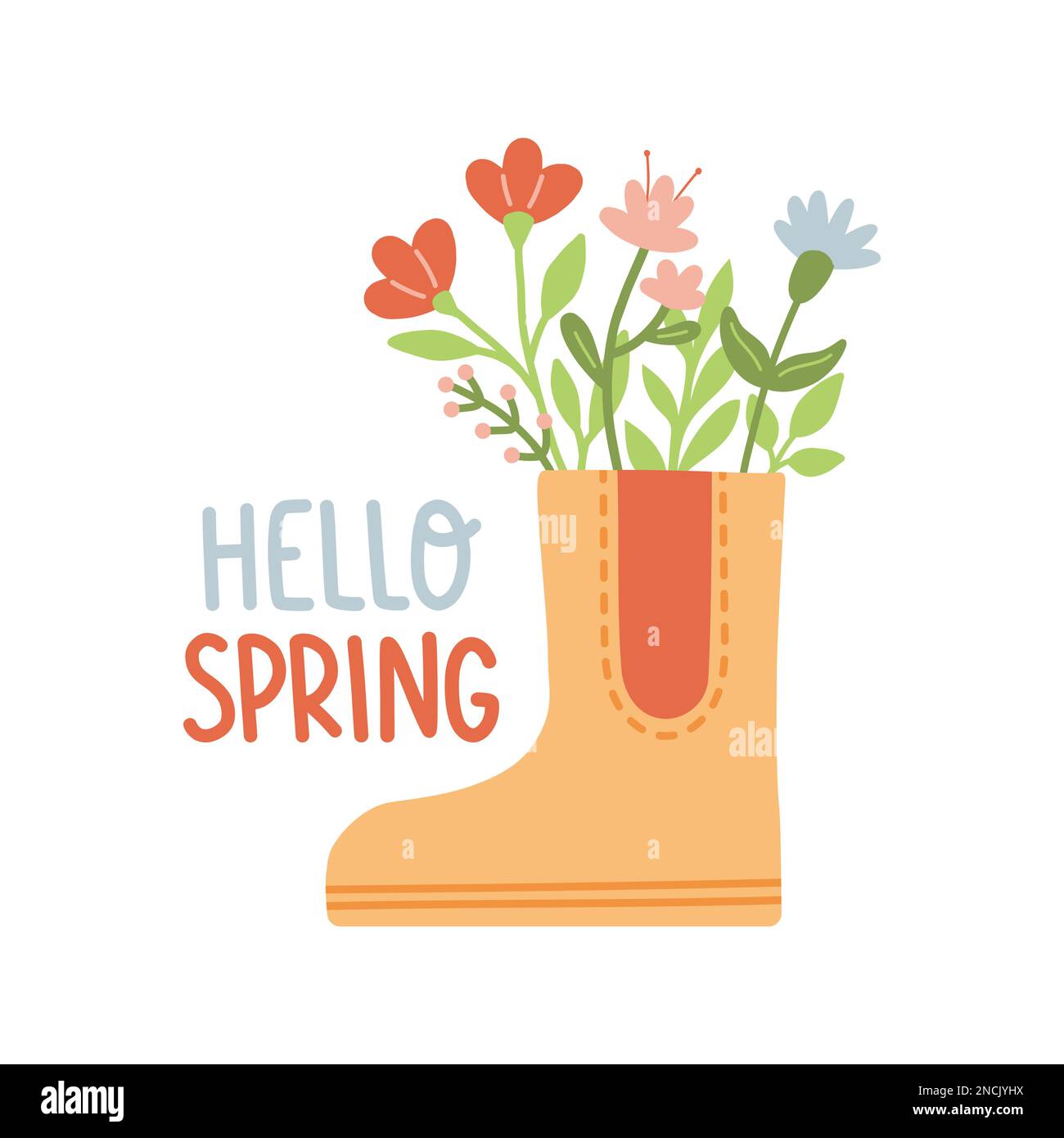Hello spring. Cute rain boots with flowers plants. Hand drawn spring ...