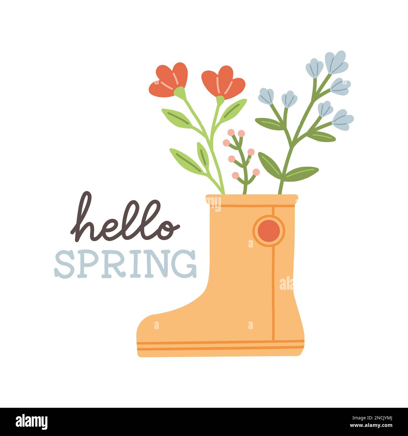 Hello spring. Cute rain boots with flowers plants. Hand drawn spring ...