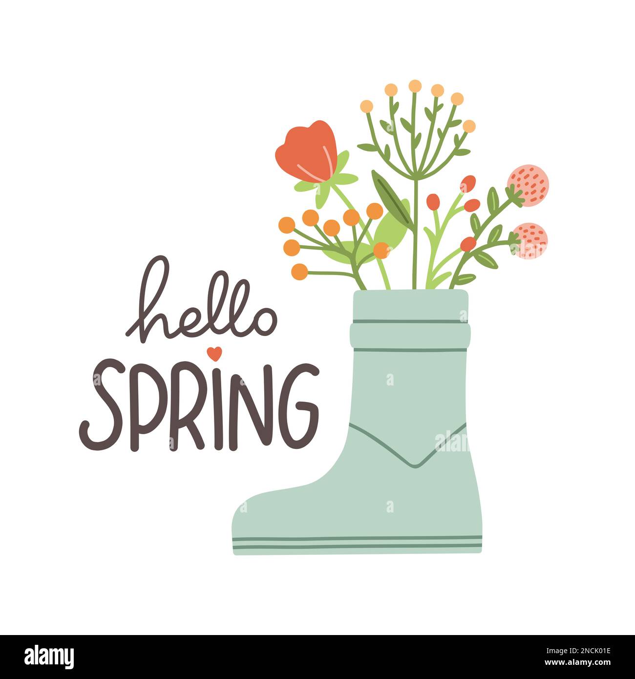 Hello spring. Cute rain boots with flowers plants. Hand drawn spring ...
