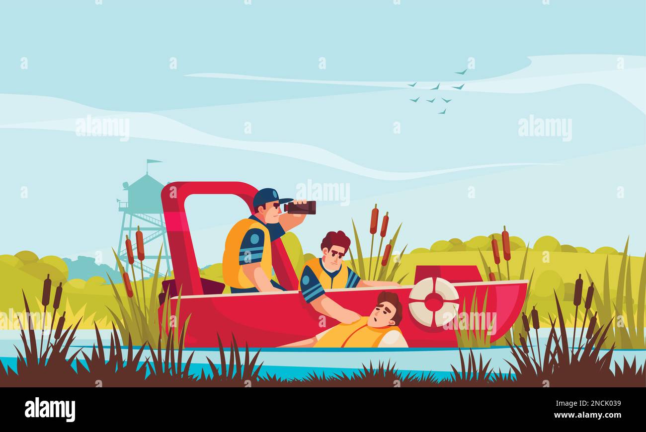 Emergency escape cartoon poster with rescue workers saving man from ...