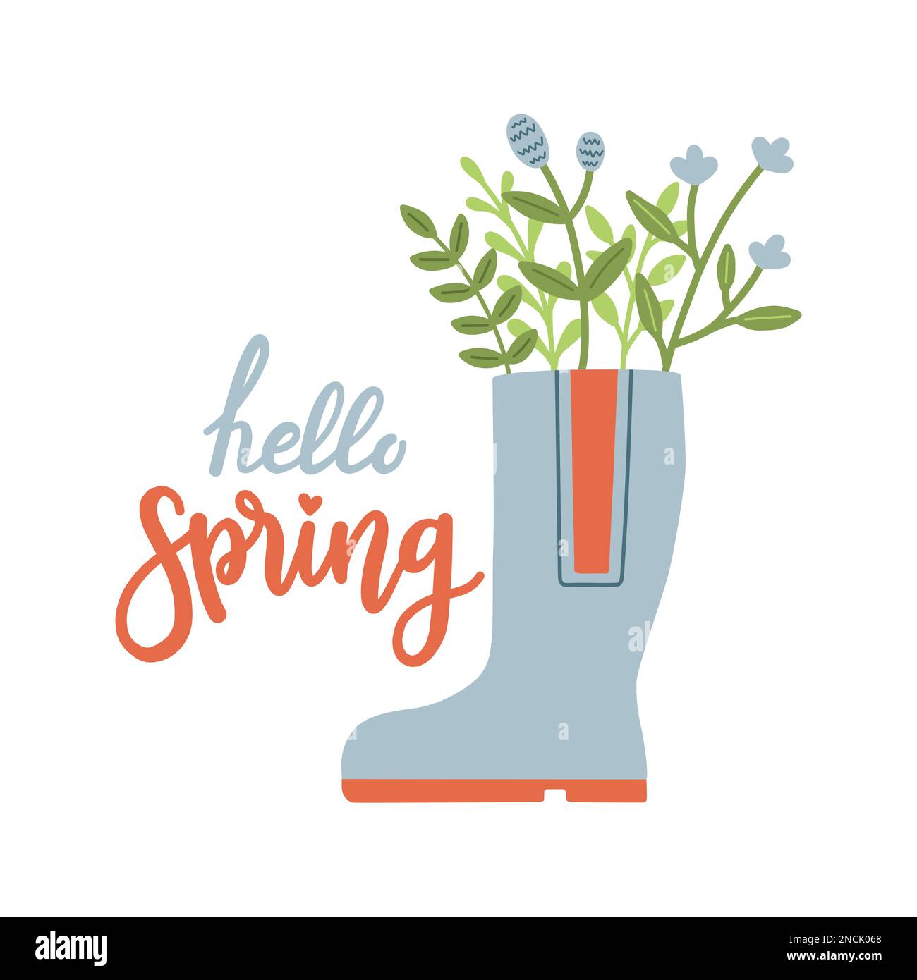 Hello spring. Cute rain boots with flowers plants. Hand drawn spring ...