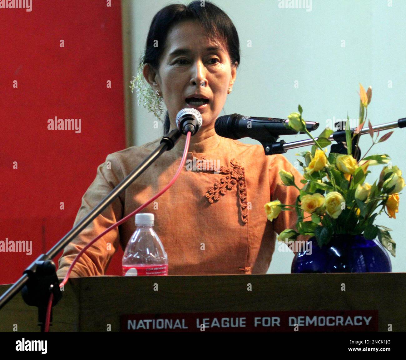 Myanmar's pro-democracy leader Aung San Suu Kyi delivers a speech ...