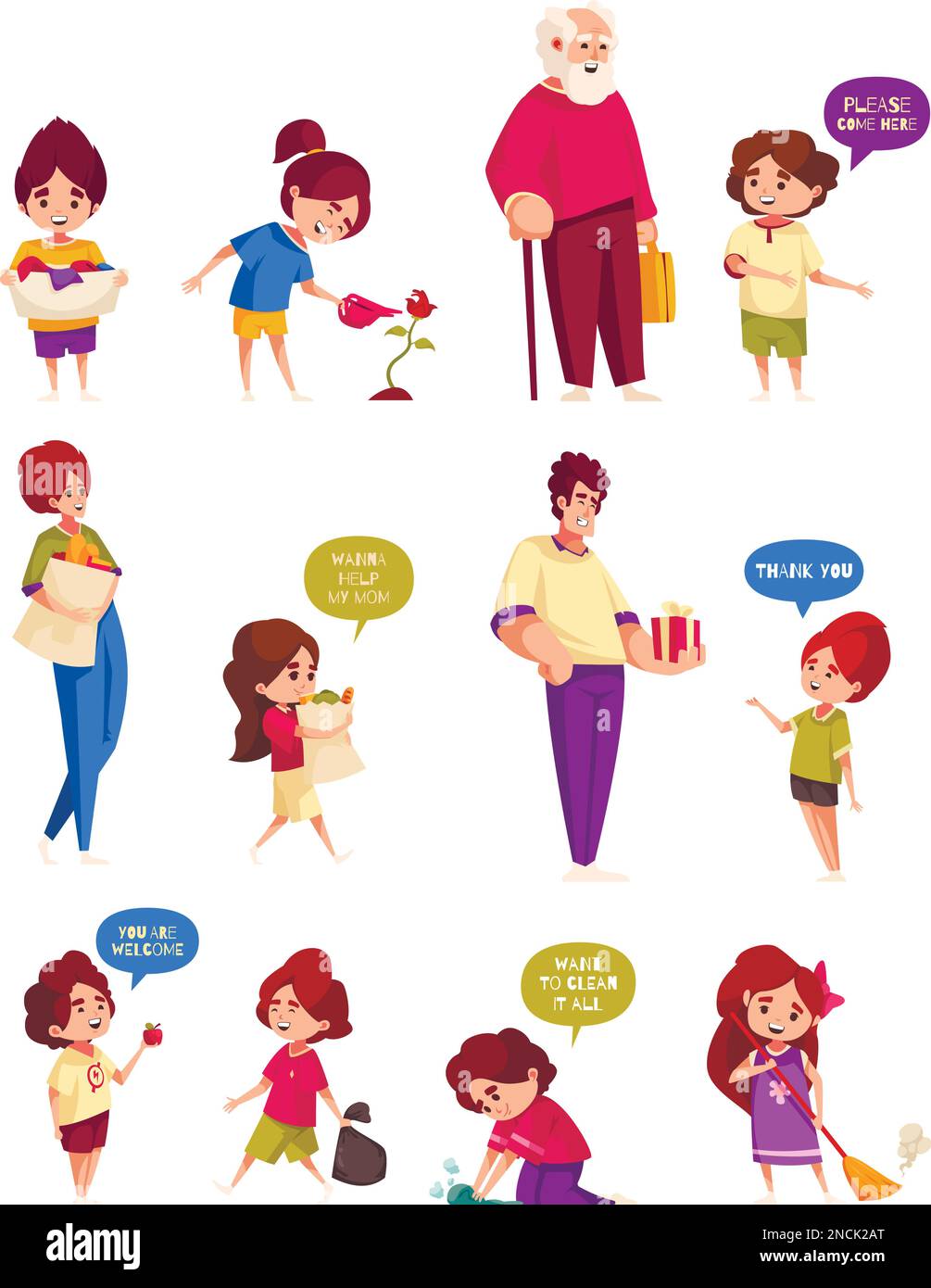 Well-behaved children icons set with kids helping adults isolated ...