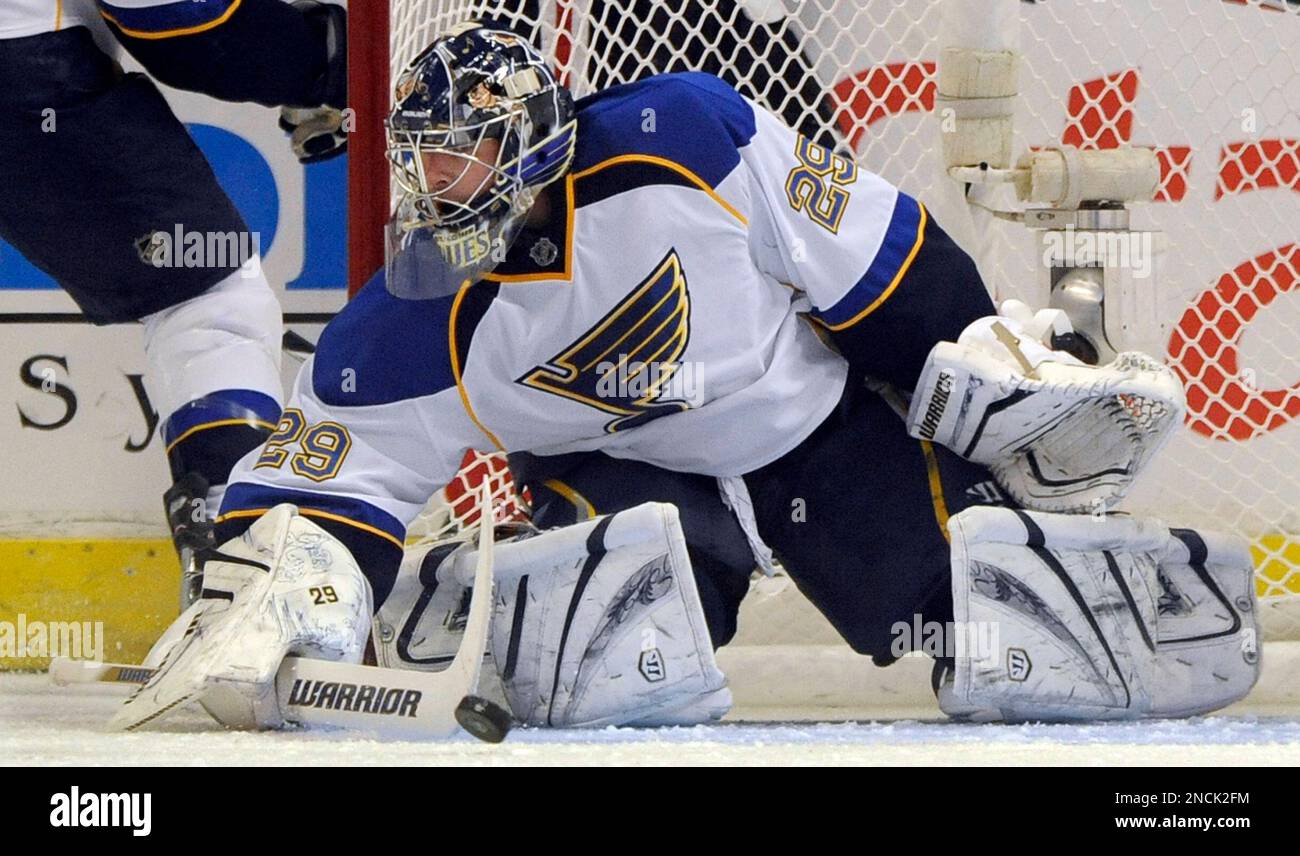 St. Louis Blues goalie Ty Conklin makes a save against the Chicago ...