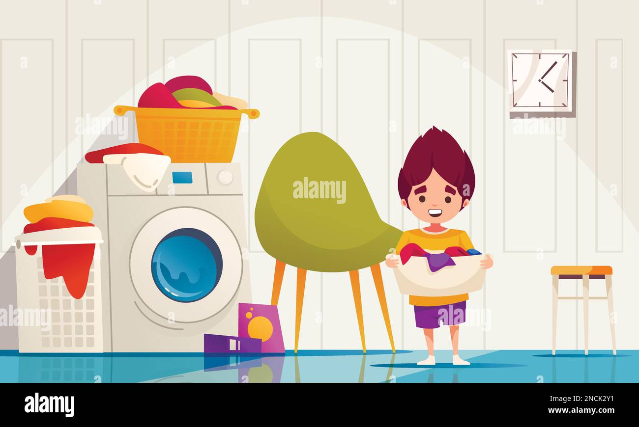 Children housekeeping cartoon with boy holding washed clothes vector ...