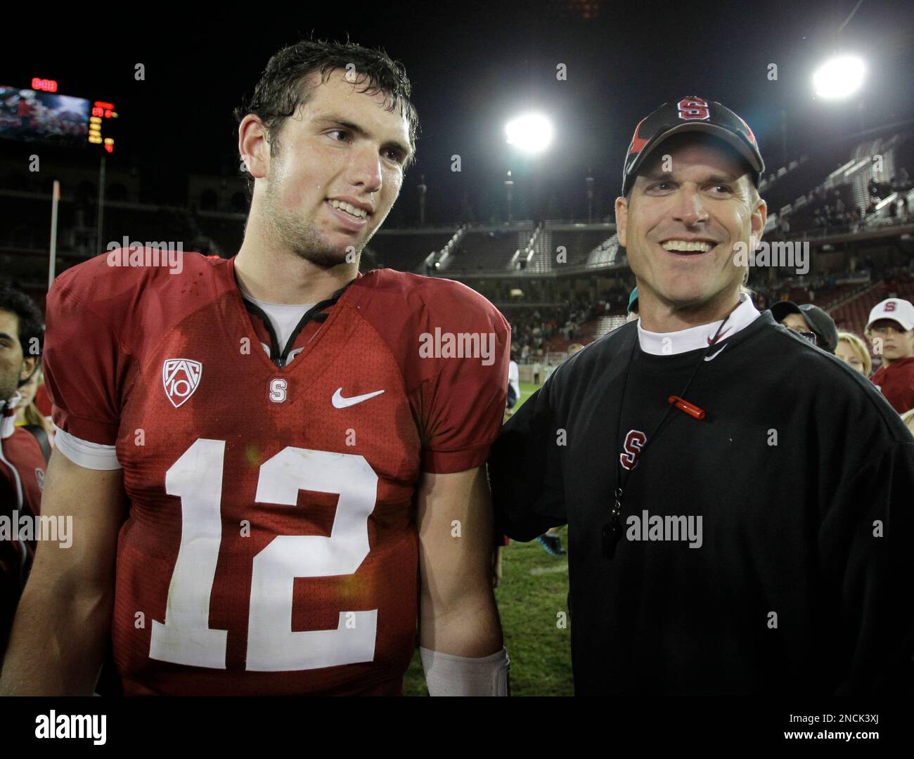 Stanford head coach Jim Harbaugh and Stanford quarterback Andrew Luck ...