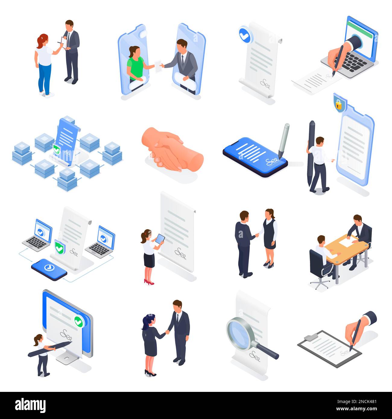 Contract Agreement Isometric Set Of Isolated Icons With Human Characters Paper Signatures